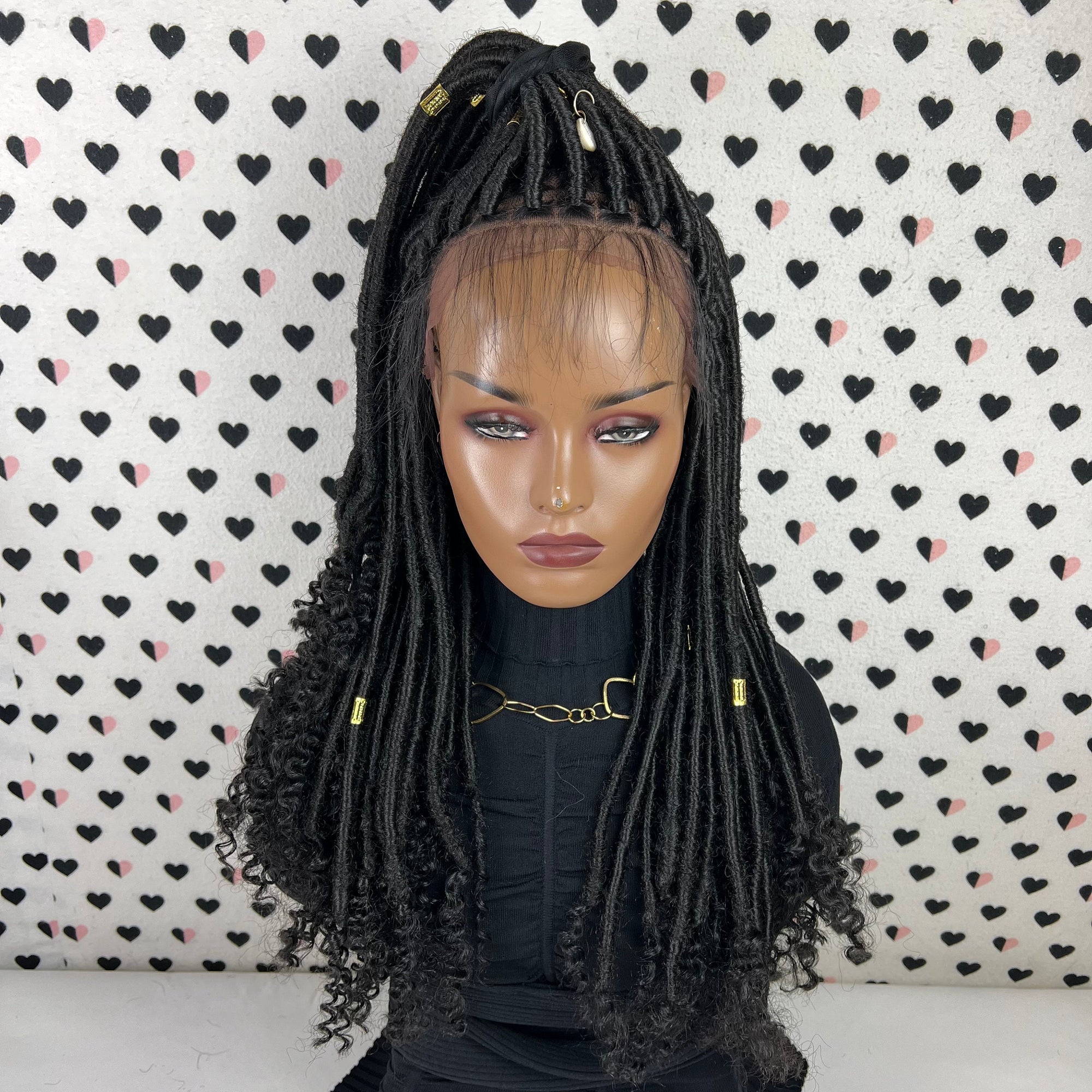 Lace Frontal Boho Faux Locs Goddess Braids Braided Wig With Curly Ends ...