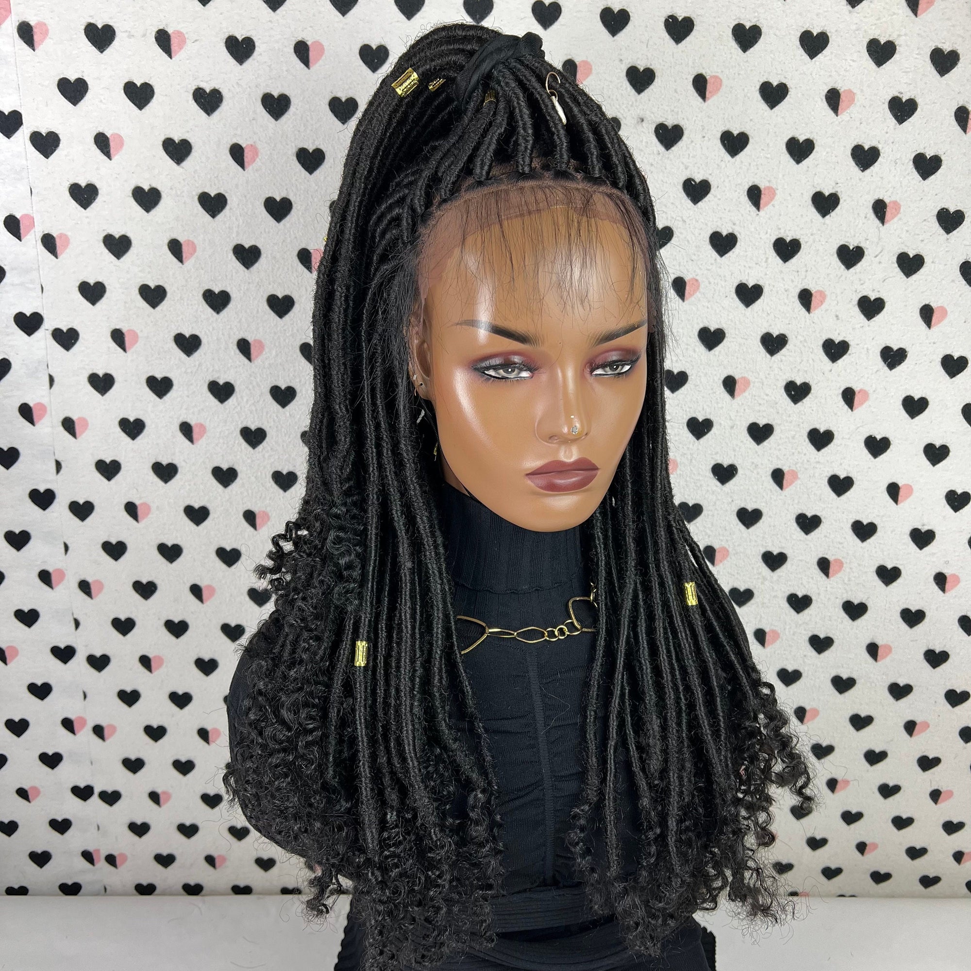 Lace Frontal Boho Faux Locs Goddess Braids Braided Wig With Curly Ends ...